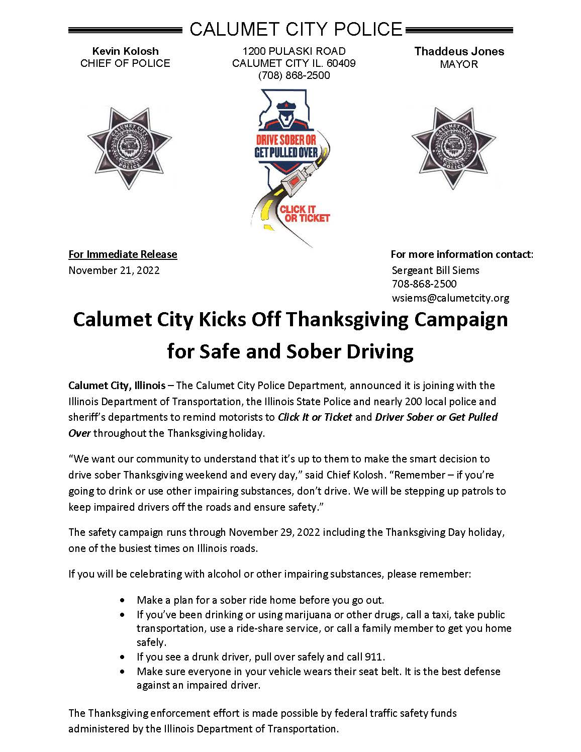 Thanksgiving Campaign For Safe and Sober Driving - Calumet City